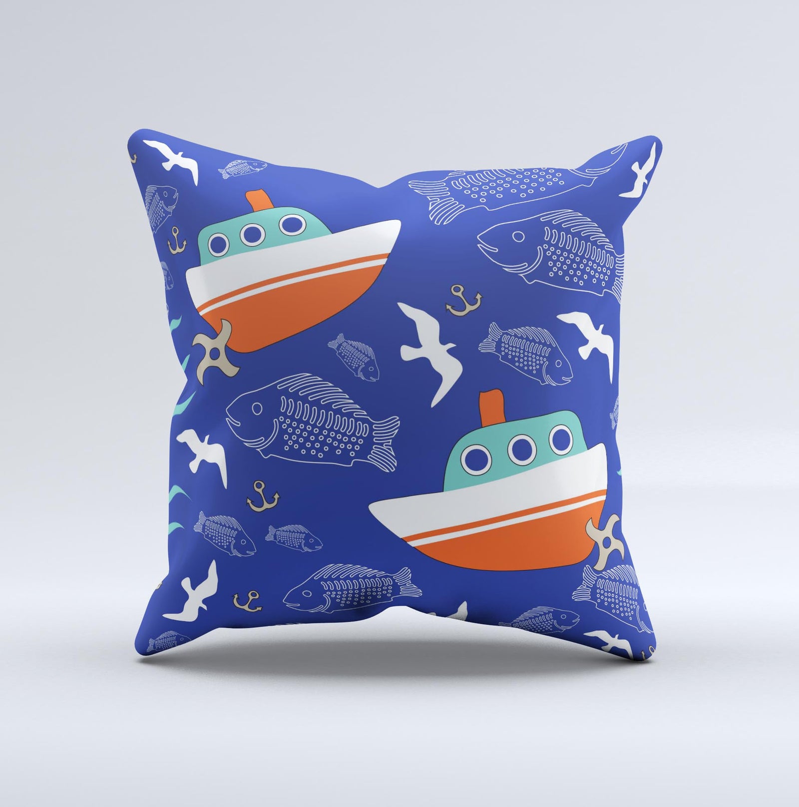 Blue Vector Fish and Boat Pattern ink-Fuzed Decorative Throw Pillow ...
