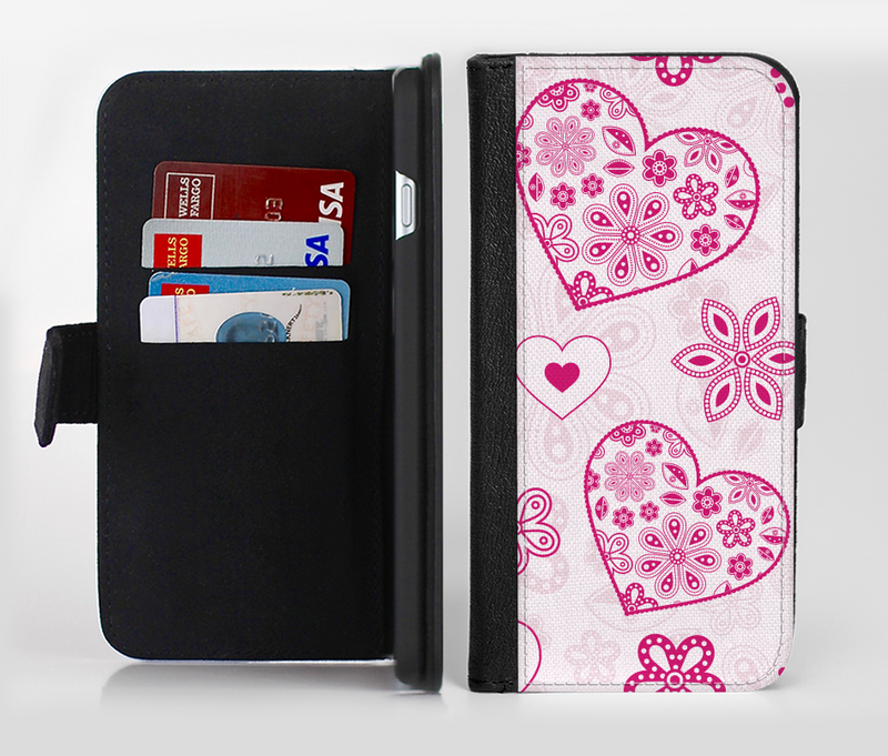 The Pink Floral Designed Hearts Ink-Fuzed Leather Folding Wallet Credi ...